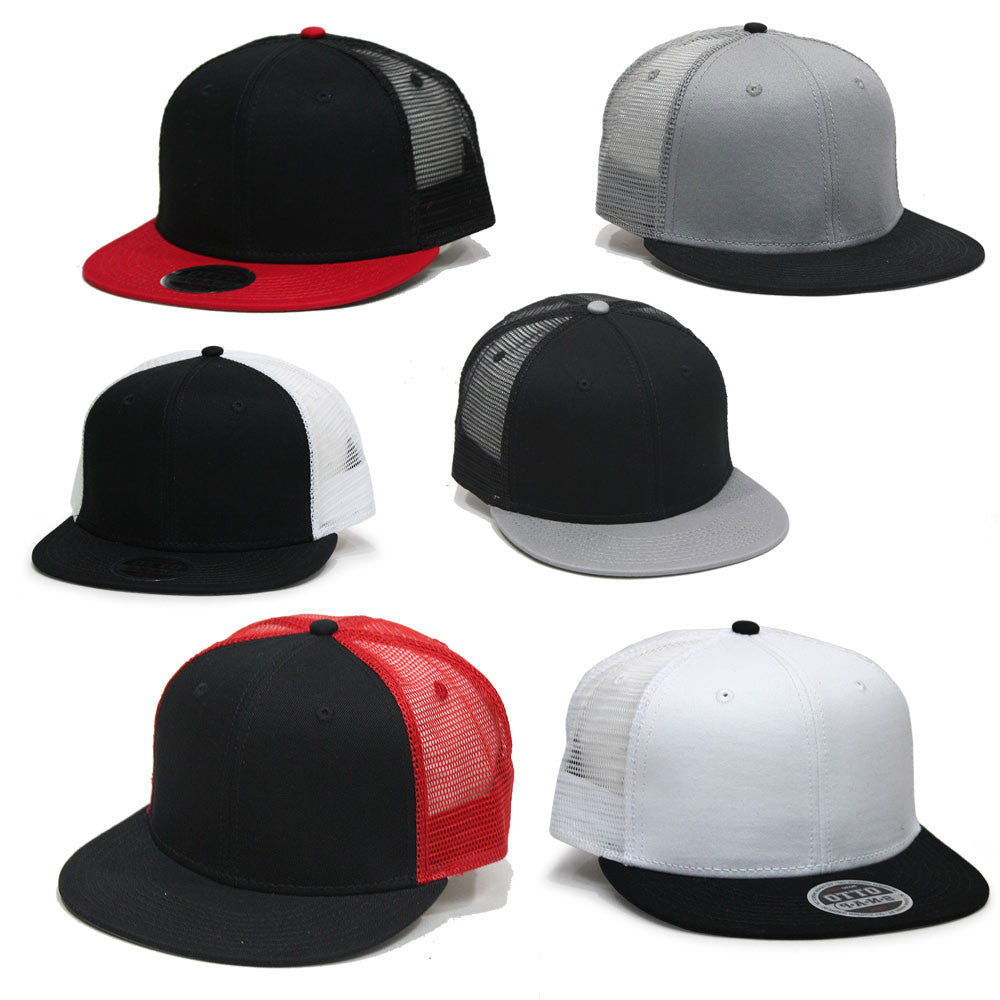 Plain Cotton Twill Flat Brim Mesh Adjustable Snapback Trucker Baseball ...
